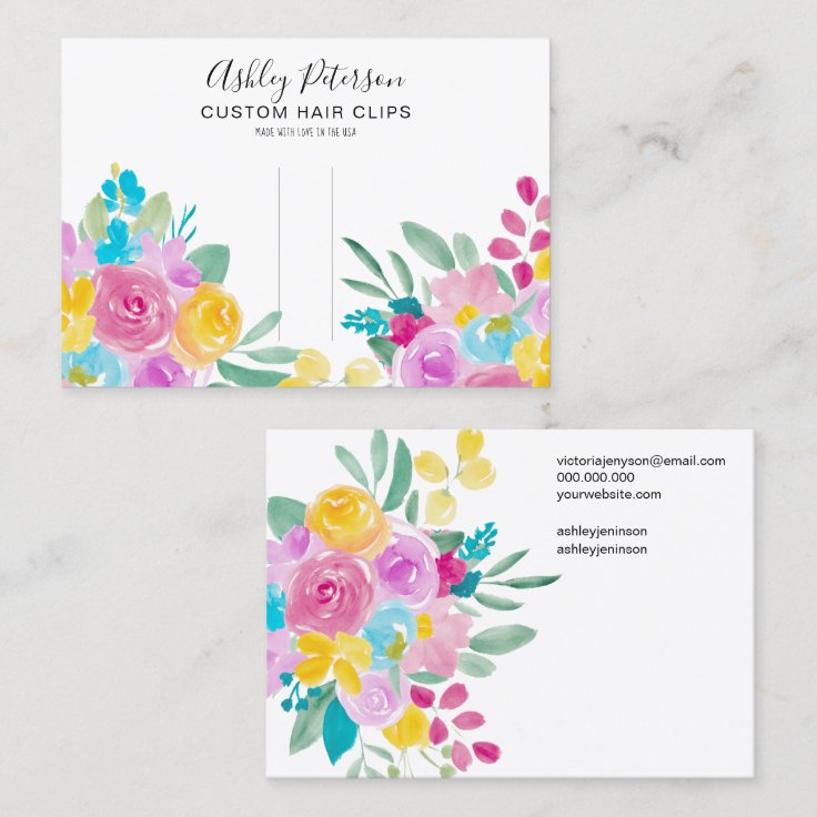 Chic Floral watercolor hair clip barrette display Business Card | Zazzle