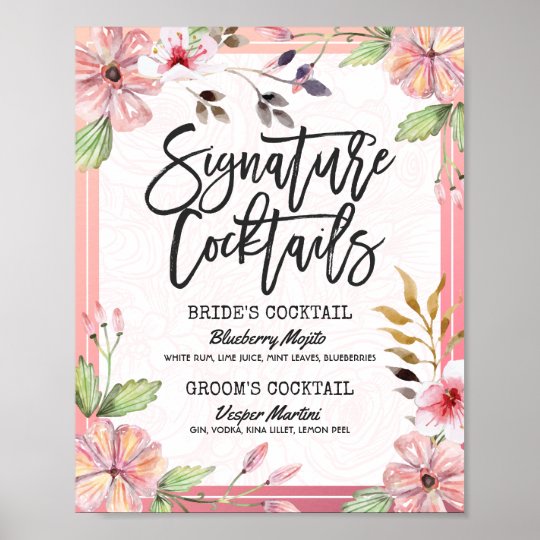 Chic Floral Wedding Signature Cocktail Drink Menu Poster | Zazzle.com