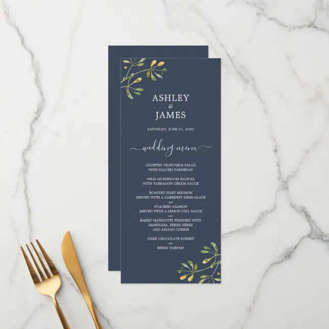 Chic Foliage Dark Blue Botanical Wedding Menu | Zazzle