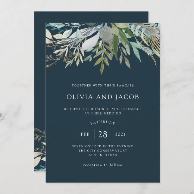 Chic Foliage | Dark Blue Wedding Invitation | Zazzle