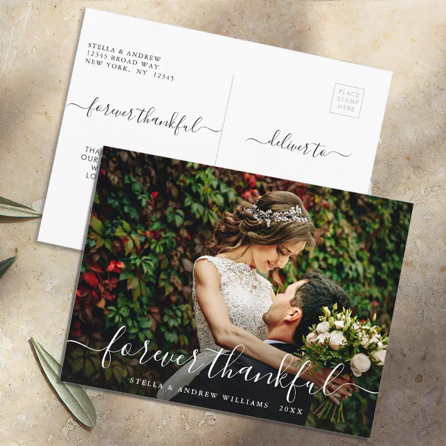 Chic Forever Thankful Script Thank You Photo Postcard | Zazzle
