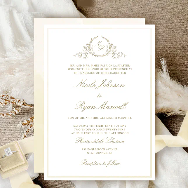 Chic Formal Champagne Monogram, Watercolor Wedding Invitation | Zazzle
