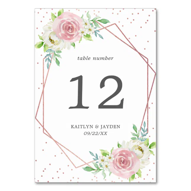 Chic Geometric Rose Gold Foil Floral Wedding Table Number | Zazzle
