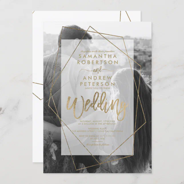 Chic geometric white gold typography photo wedding invitation | Zazzle