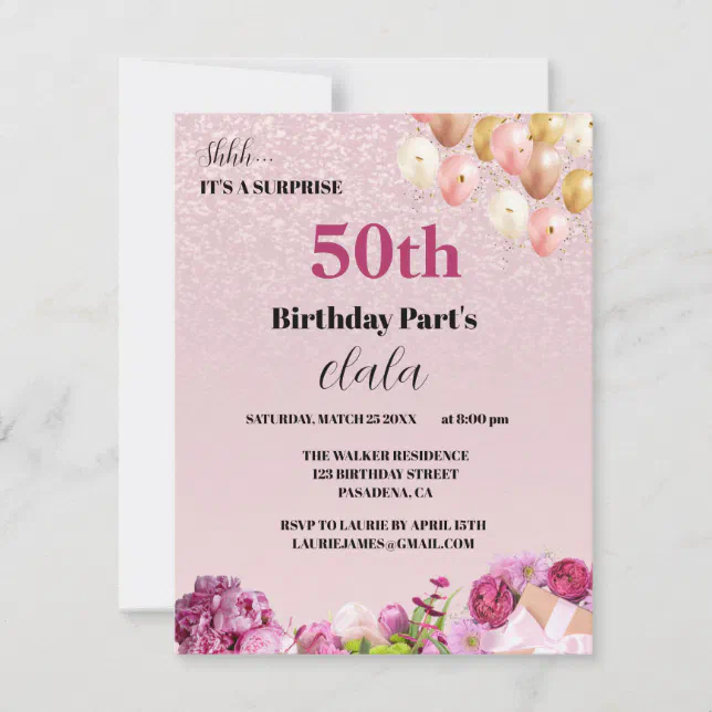 Chic Girly 50th Surprise Birthday Party Invitation | Zazzle
