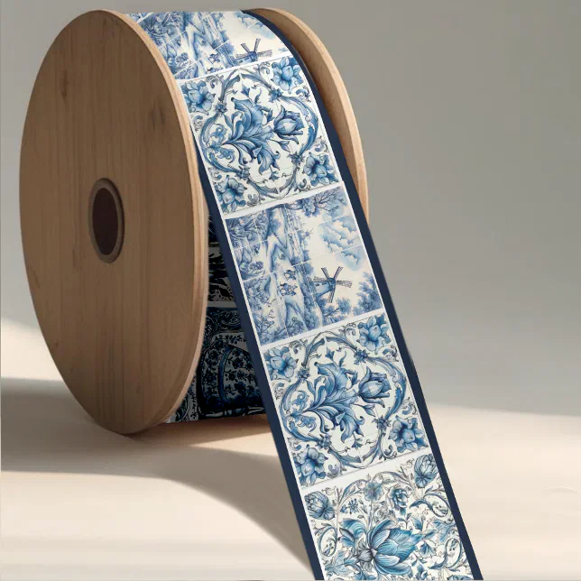 Chic girly Blue white toile Grosgrain Ribbon | Zazzle