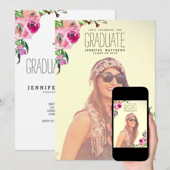 Chic Girly Floral Photo Graduation Party Invite | Zazzle
