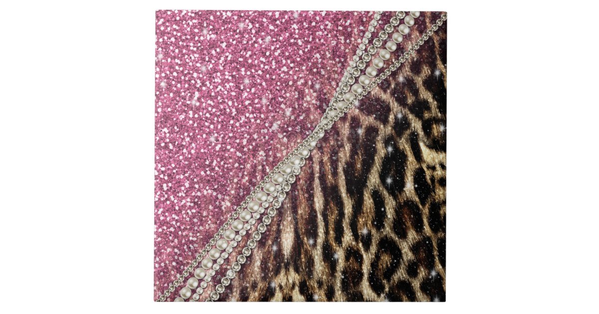 Chic Girly Leopard Print Pink Glitter Ceramic Tile | Zazzle