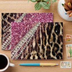 Chic Girly Leopard Print Pink Glitter Envelope | Zazzle