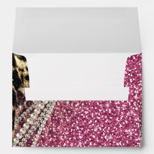 Chic Girly Leopard Print Pink Glitter Envelope | Zazzle