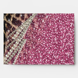 Chic Girly Leopard Print Pink Glitter Envelope | Zazzle