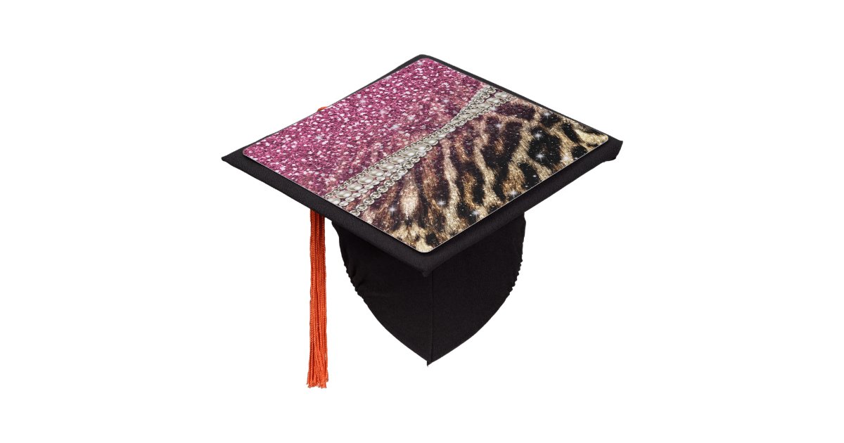 Chic Girly Leopard Print Pink Glitter Graduation Cap Topper | Zazzle