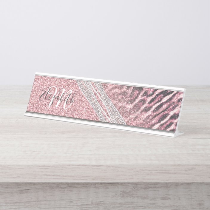 Chic Girly Pink Leopard animal print Glitter Image Desk Name Plate ...