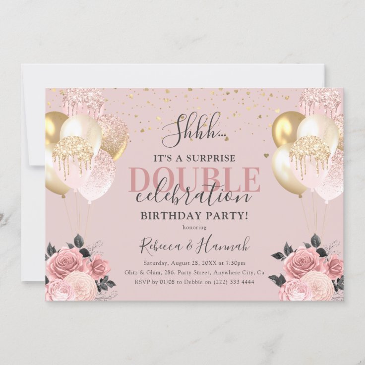 Chic Girly Surprise Double Birthday Party Invitation | Zazzle
