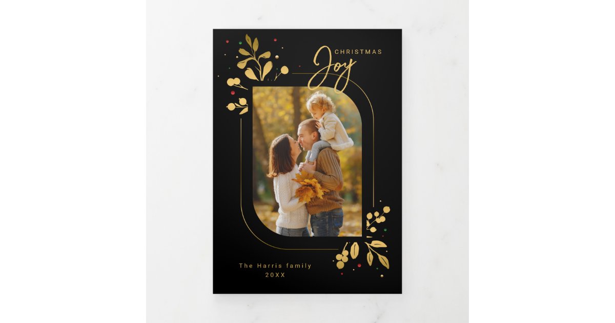Chic Glam Gold Leaves Joy Calligraphy Photo Tri-Fold Card | Zazzle