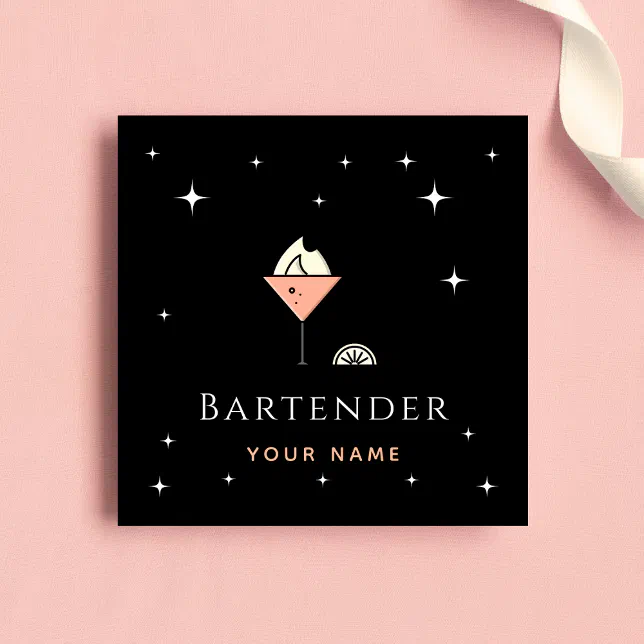 Chic Glamorous Bartender Night Sparkle Club Bar Square Business Card ...