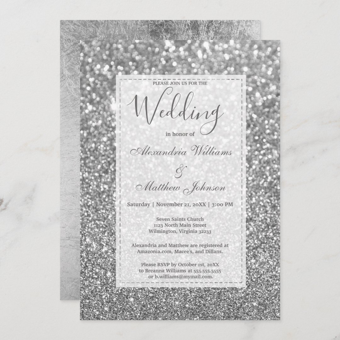 Chic glamorous trendy silver glitter Wedding Invitation | Zazzle