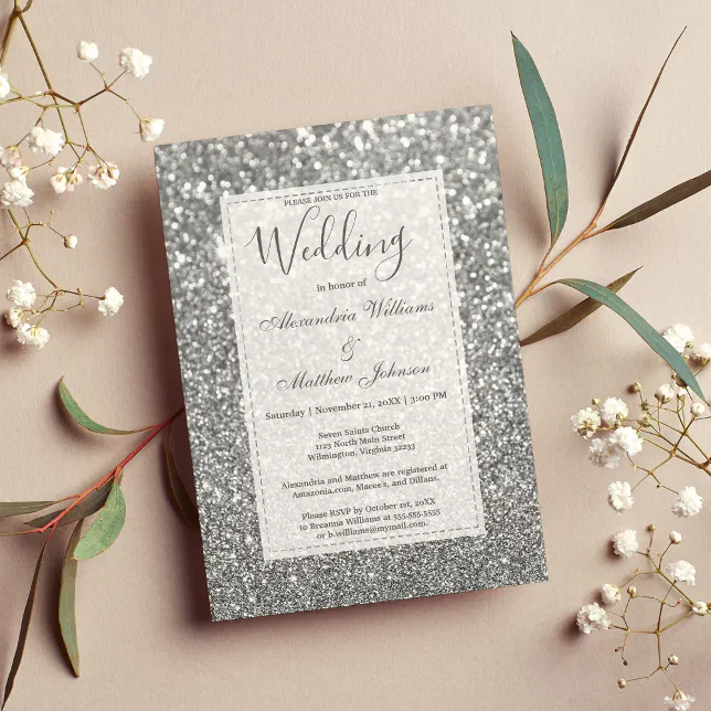 Chic glamorous trendy silver glitter Wedding Invitation | Zazzle
