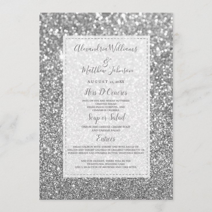 Chic glamorous trendy silver glitter Wedding Menu | Zazzle