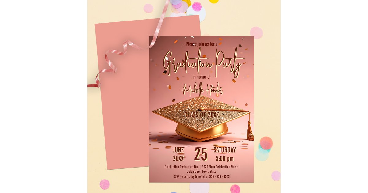 Chic Gleaming Gold Graduation Cap on Pink Invitation | Zazzle