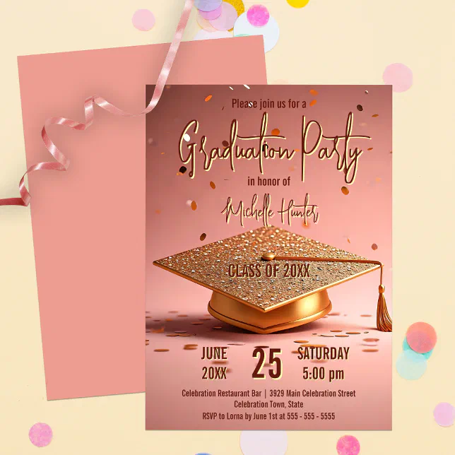 Chic Gleaming Gold Graduation Cap on Pink Invitation | Zazzle