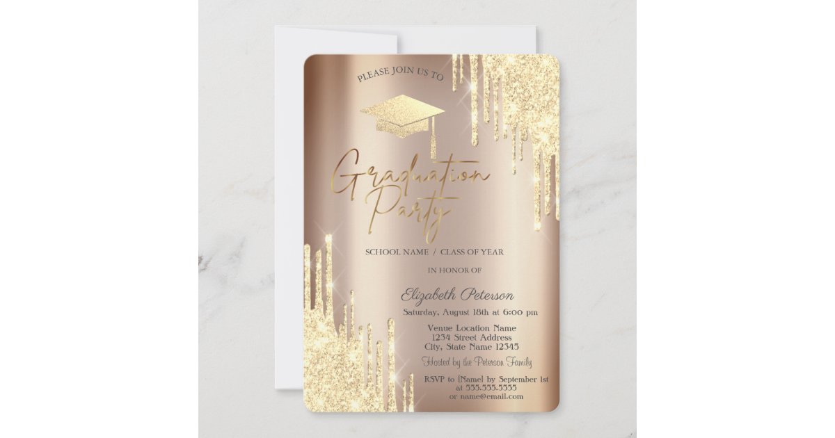 Chic Glitter Drips,Grad Cap Graduation Invitation | Zazzle