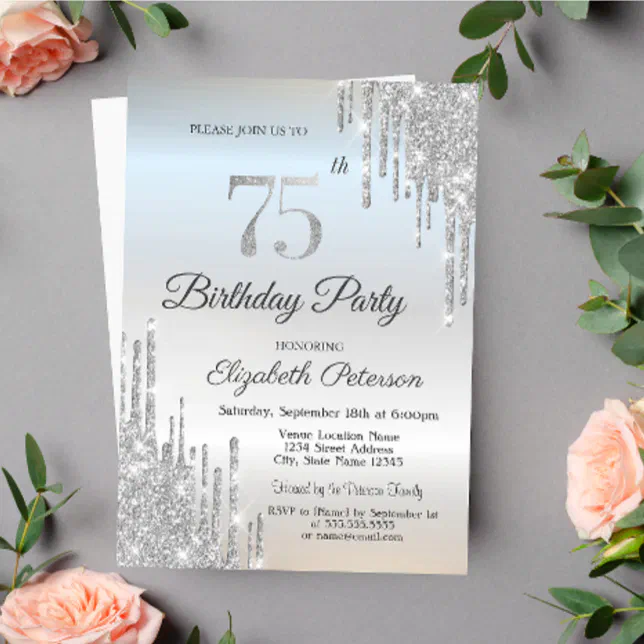 Chic Glitter Drips Silver 75th Birthday Invitation | Zazzle