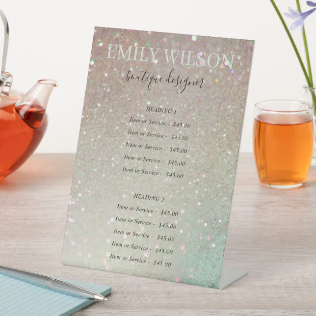 Chic Glitter Green Pink Aqua Shiny Service Price Pedestal Sign | Zazzle