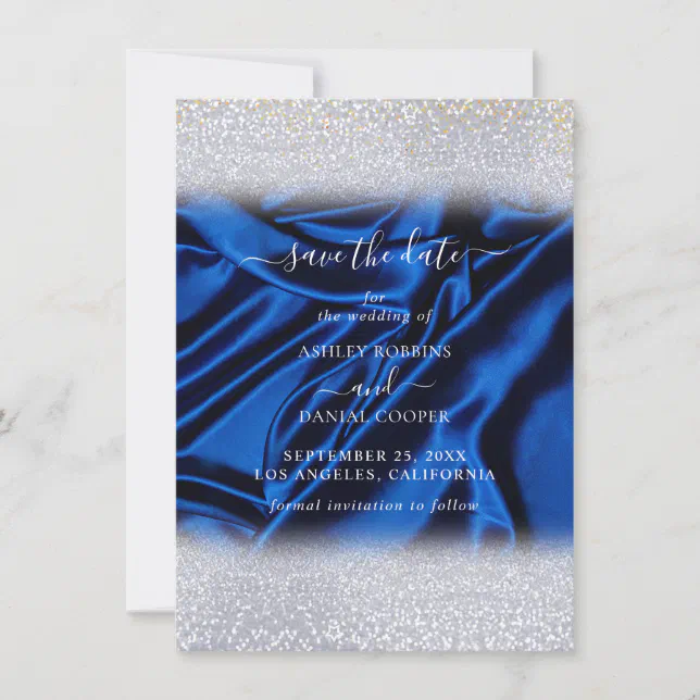 Chic Glitter Royal Blue Save the Date Invitation | Zazzle