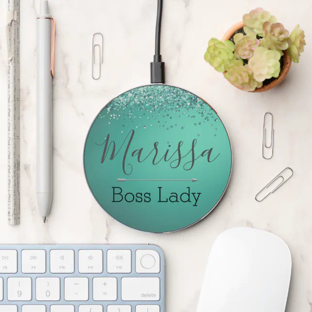 Chic Glittery Turquoise Personalized Boss Lady Wireless Charger | Zazzle