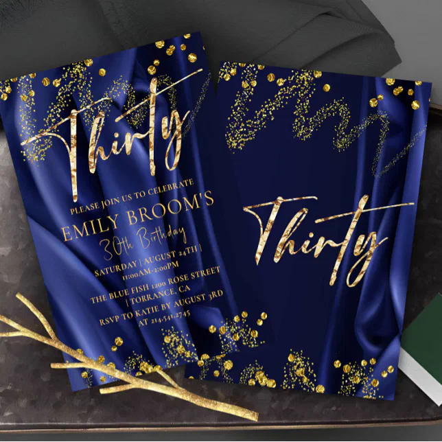 Chic Gold 30th Birthday Royal Blue Invitation | Zazzle