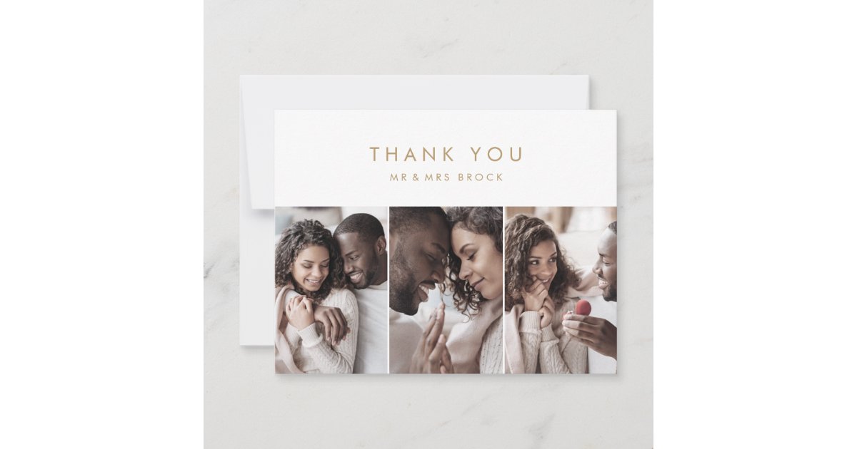 Chic Gold 3 Photo Template Thank You Card | Zazzle