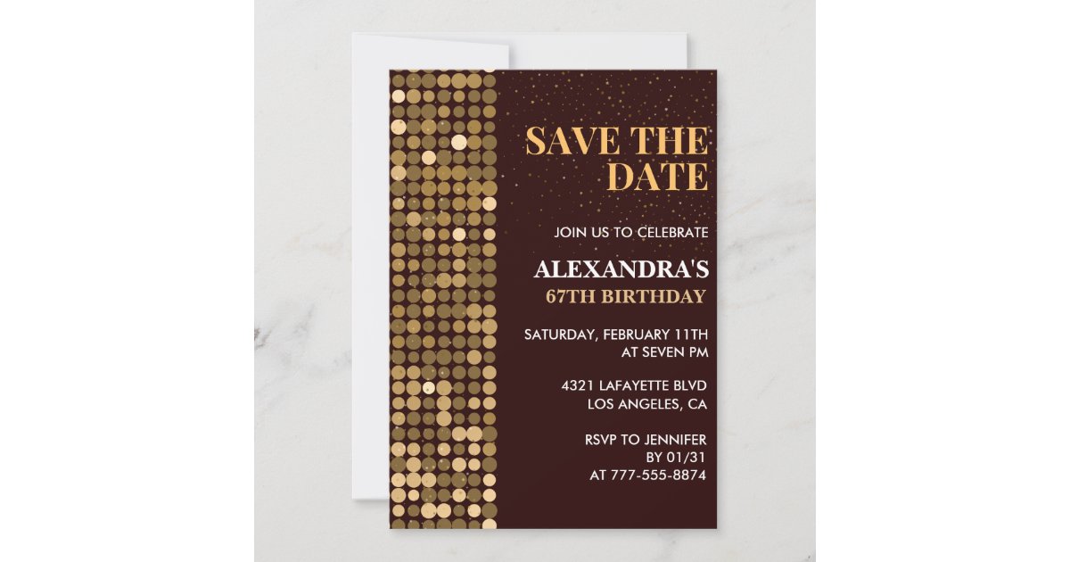 Chic Gold 67th birthday invitations Save the date | Zazzle
