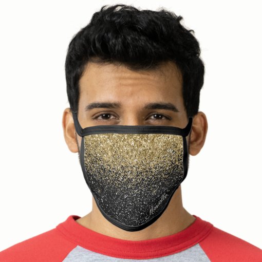 Chic Gold and Black Glitter Monogram Name Face Mask | Zazzle