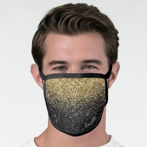 Chic Gold and Black Glitter Monogram Name Face Mask | Zazzle