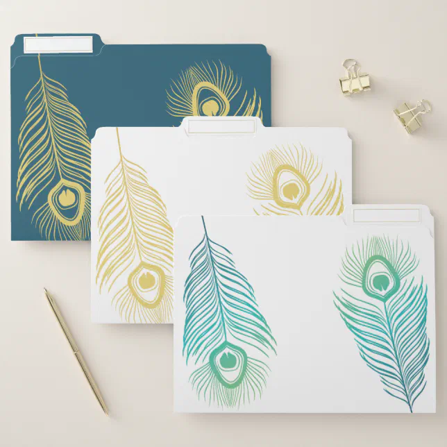 Chic Gold & Blue Peacock Feathers File Folders | Zazzle