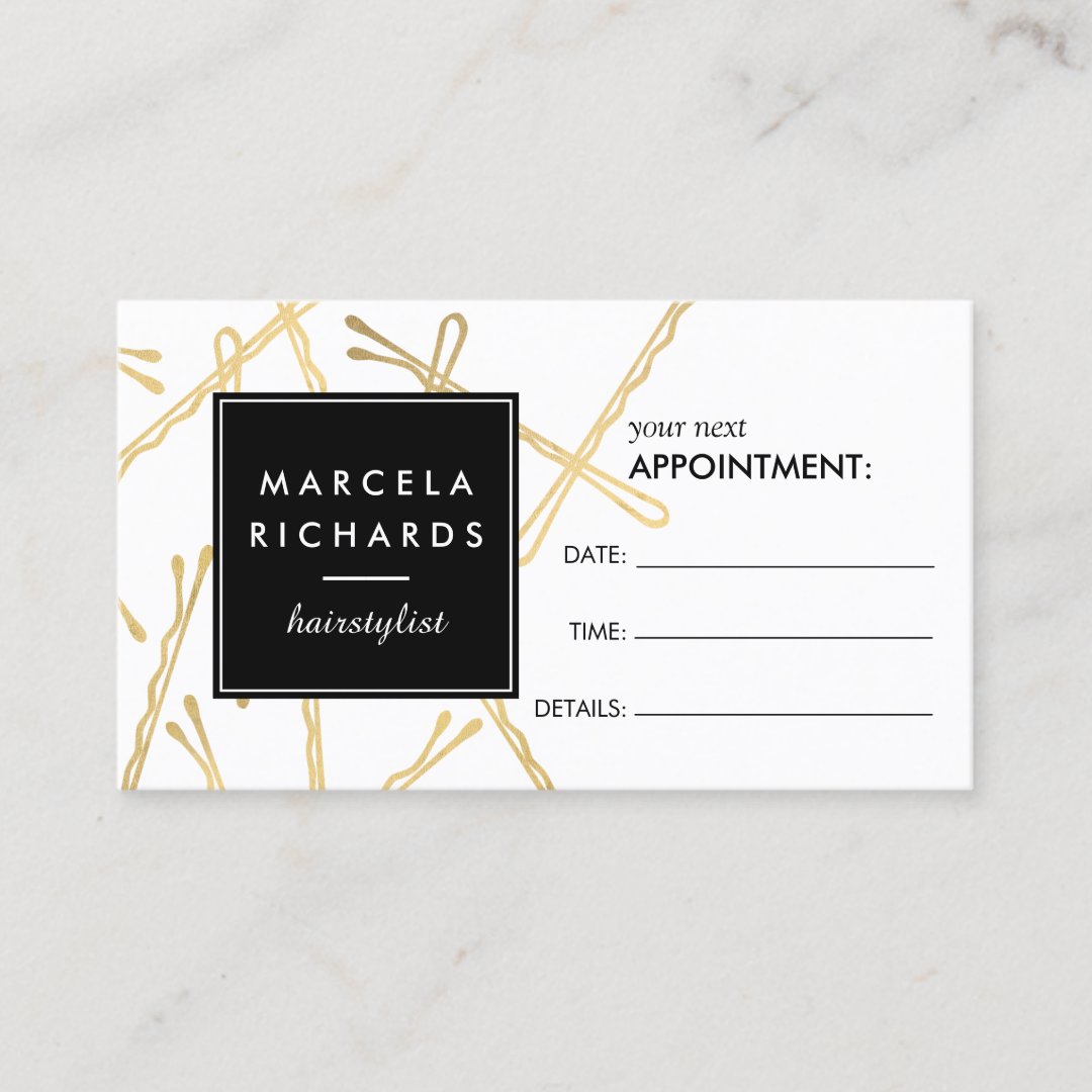 Chic Gold Bobby Pins Hair Stylist Appointment Card | Zazzle