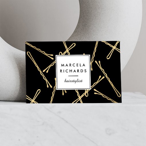 Chic Gold Bobby Pins Hair Stylist Salon Black Business Card | Zazzle