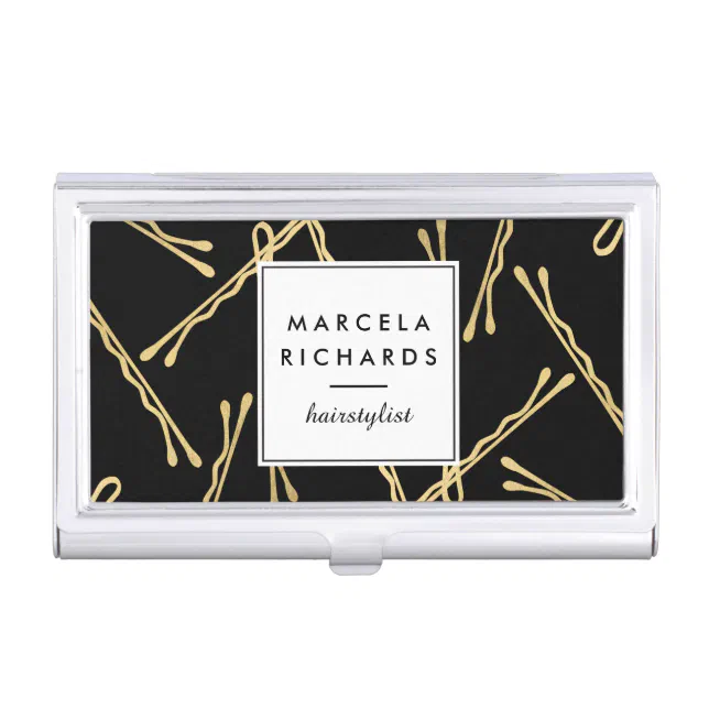 Chic Gold Bobby Pins Hair Stylist Salon Black Business Card Holder | Zazzle