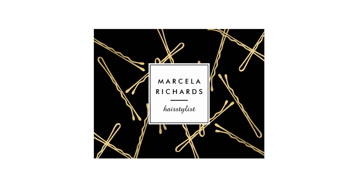Chic Gold Bobby Pins Hair Stylist Salon Black Postcard | Zazzle.com