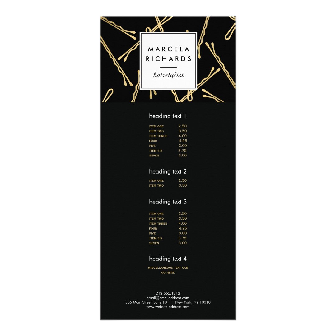 Chic Gold Bobby Pins Hair Stylist Salon Black Rack Card | Zazzle