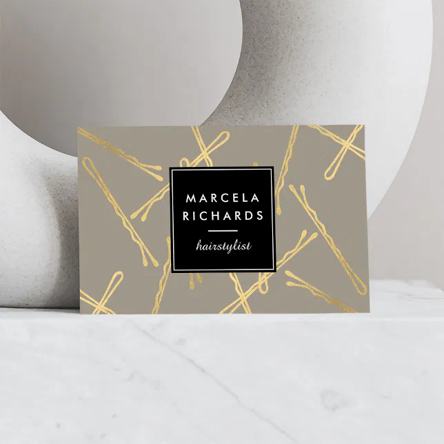 Chic Gold Bobby Pins Hair Stylist Salon Gray Business Card | Zazzle