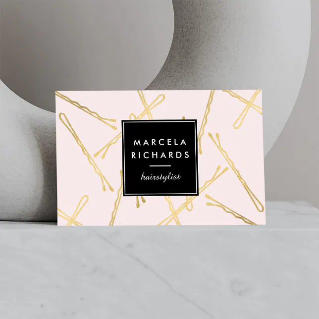 Chic Gold Bobby Pins Hair Stylist Salon Pink Business Card | Zazzle