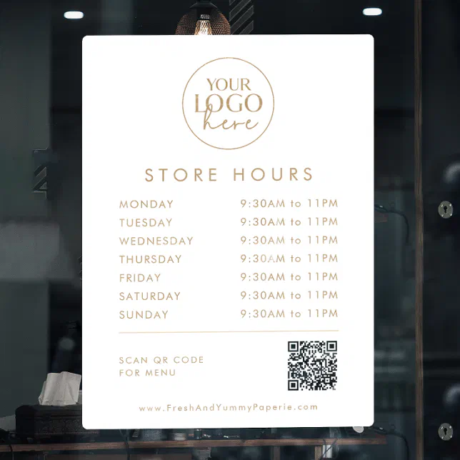 Chic Gold Business Logo QR Code Store Hours Window Cling | Zazzle