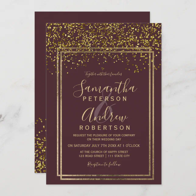 Chic gold confetti burgundy border wedding invitation | Zazzle