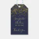 Chic gold confetti navy blue script wedding favor gift tags | Zazzle
