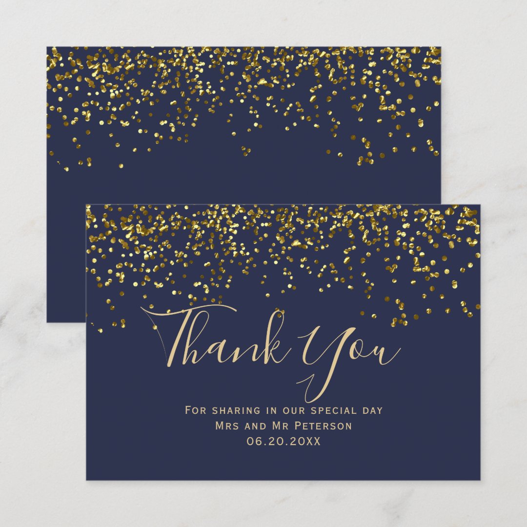 Chic gold confetti navy blue typography thank you card | Zazzle