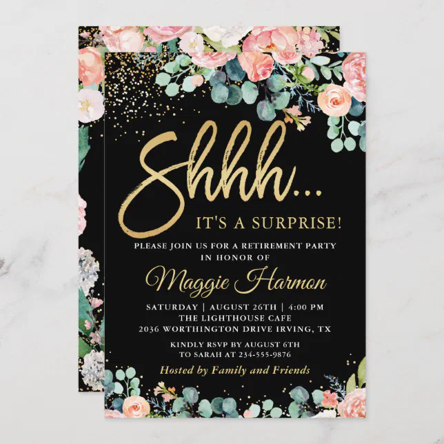 Chic Gold Coral Floral Surprise Retirement Party Invitation | Zazzle