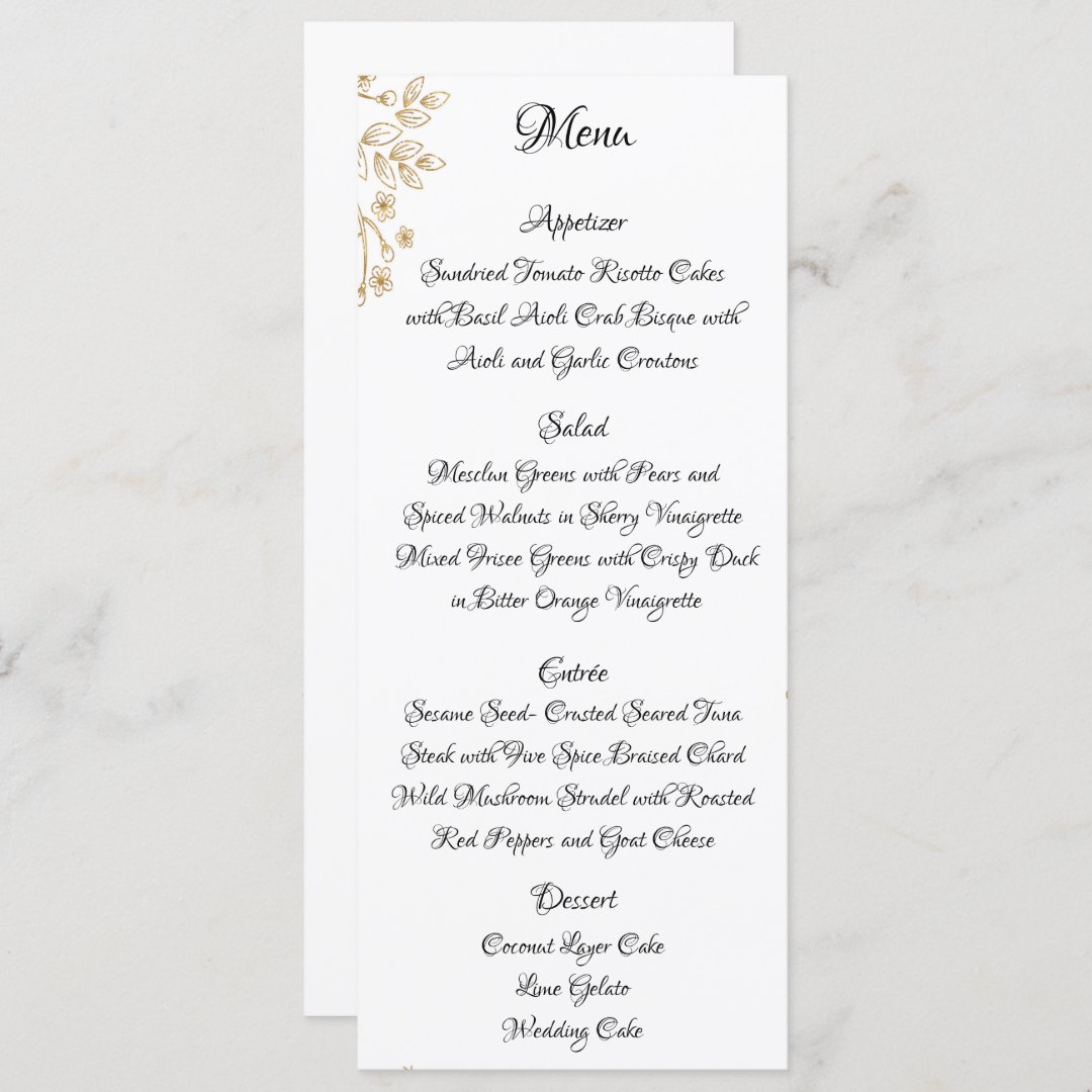 Chic Gold Foil Floral Reception Menu Card | Zazzle