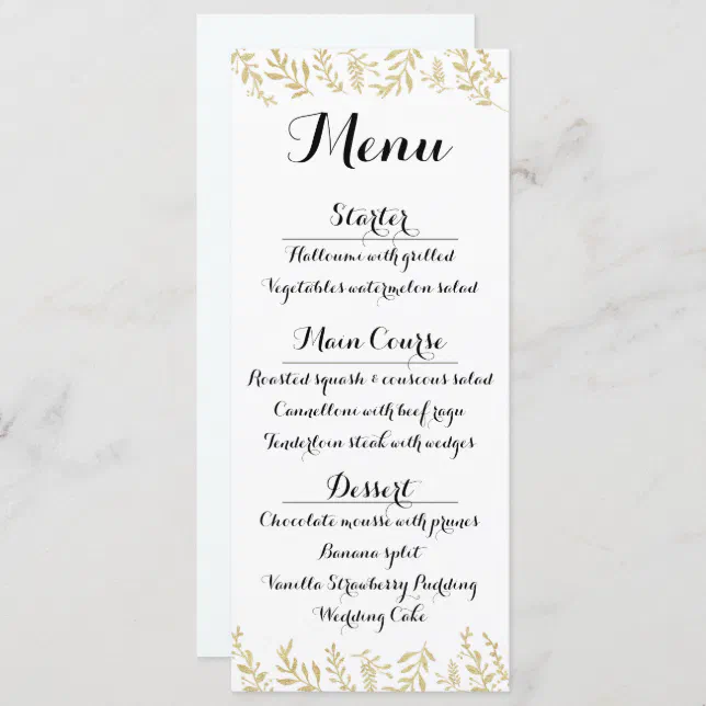 Chic Gold Foil Leaves Reception Menu Card | Zazzle